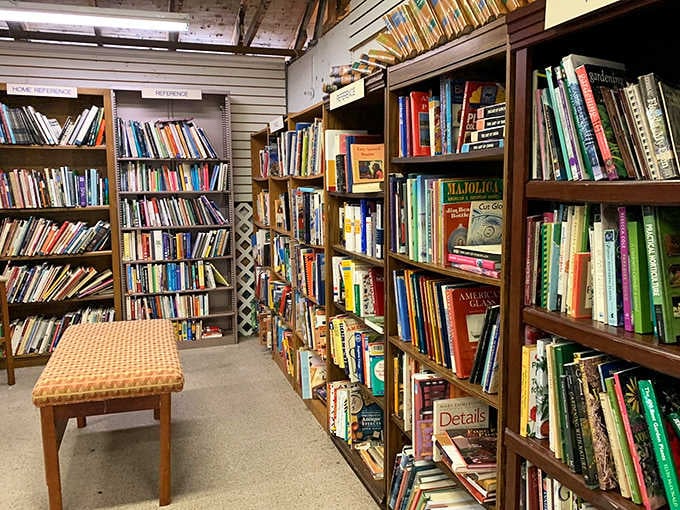 Floor-to-ceiling bookshelves organized by subject, with a little bench to sit and browse. Pure, quiet joy.