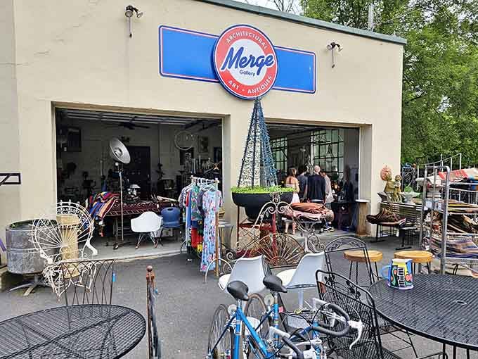 Merge Gallery spills out onto the lot like a very good yard sale that went to art school.