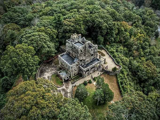 From above, Gillette Castle looks like nature tried to swallow it whole and simply gave up in admiration.