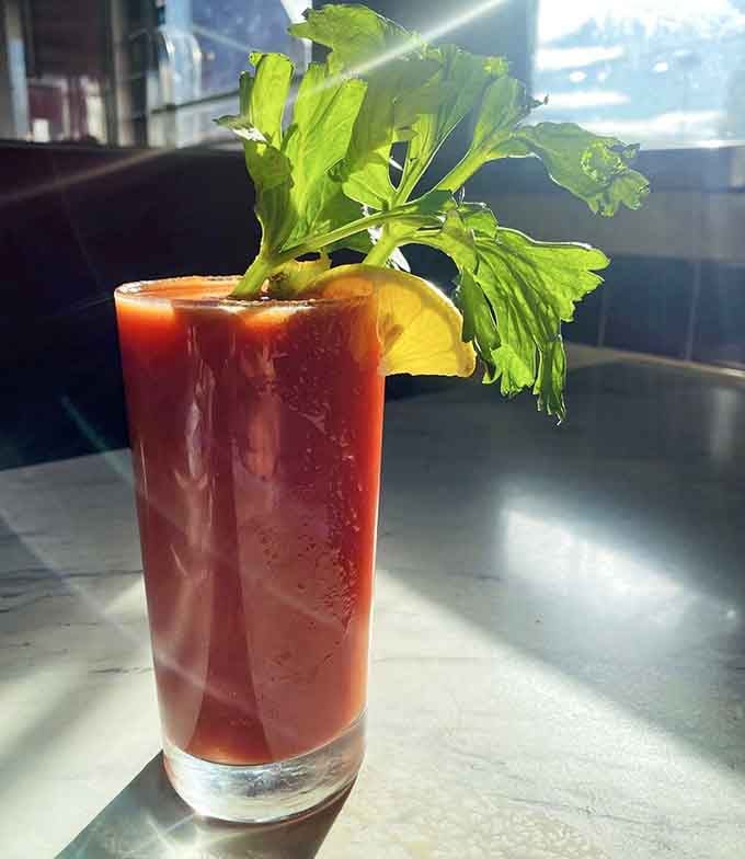 Sunlight catching a Bloody Mary garnished with fresh celery and lemon, this glass is practically posing for its own portrait.