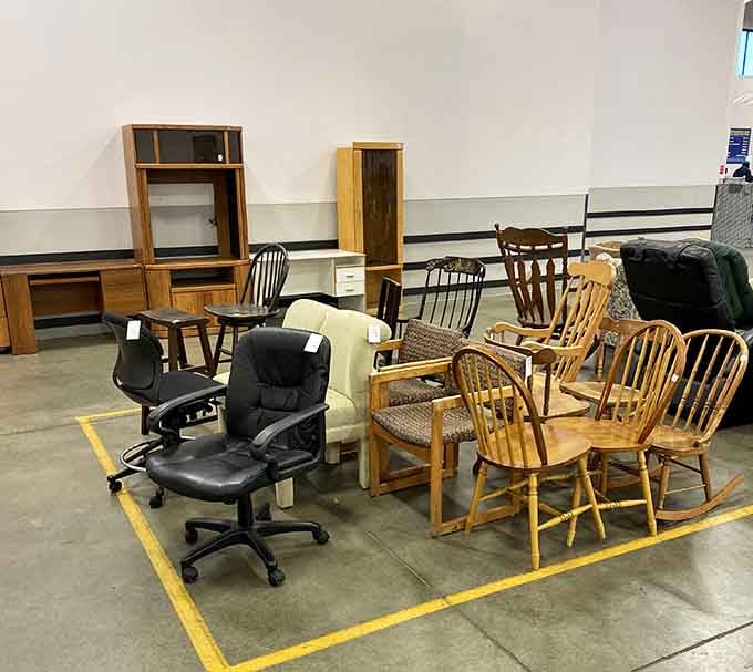 Chairs, desks, and rockers all sharing the same floor, like a furniture reunion nobody planned but everyone attended.