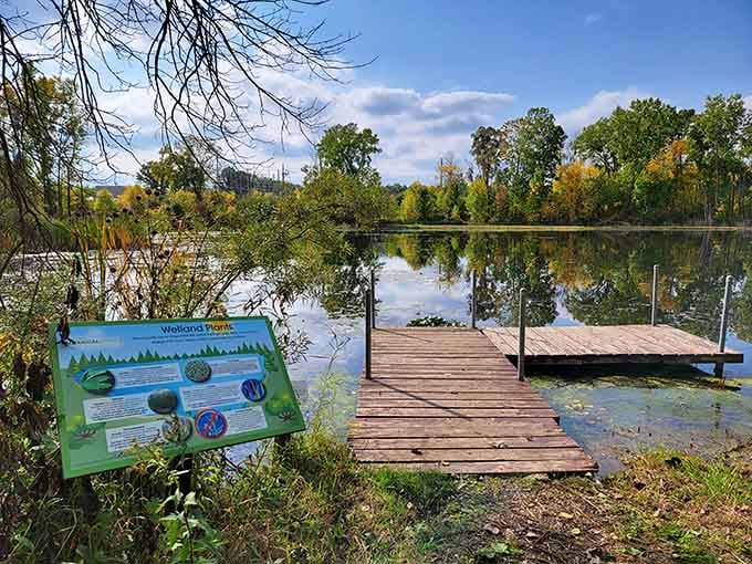 Still water, autumn trees, and a wooden dock that makes you want to sit down and solve absolutely nothing.