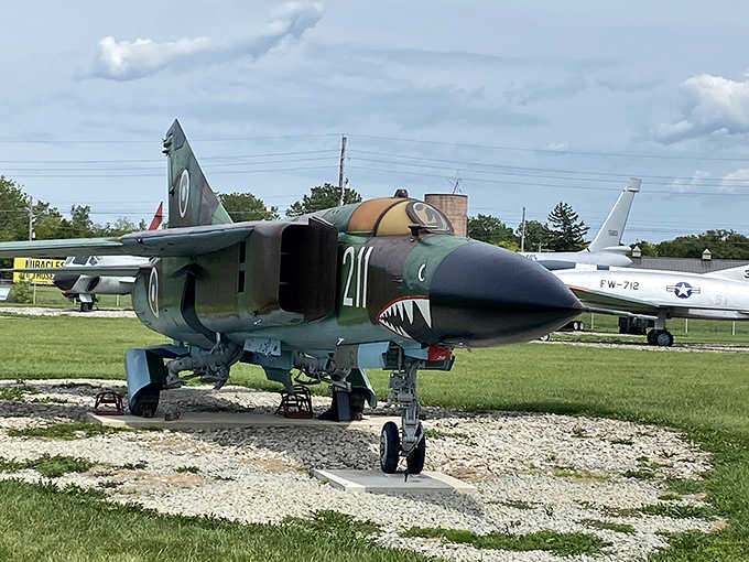 A Soviet MiG fighter, complete with shark teeth, now calls Indiana home sweet home.