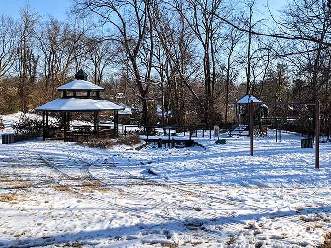 Even buried under a blanket of snow, those gazebos still look like they belong in a holiday greeting card.
