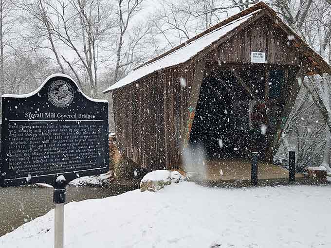 Snow on a 19th-century covered bridge is the kind of scene that makes you question why you ever left Georgia.