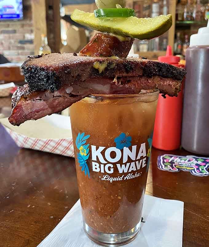 A Bloody Mary garnished with actual brisket. Somewhere, a brunch menu is feeling very inadequate right now.