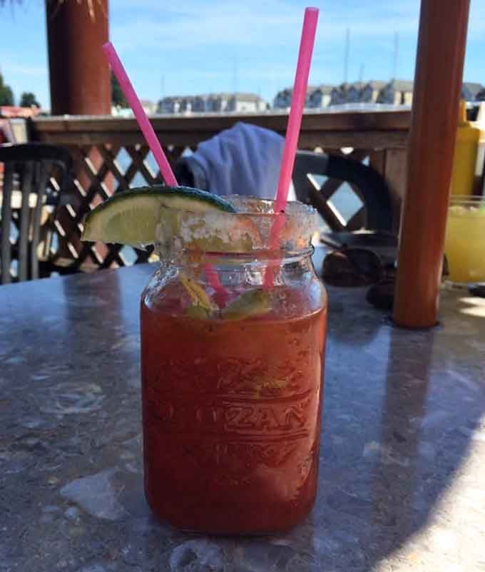 A Bloody Mary in a mason jar, served with the water view as a bonus. Yes, please.