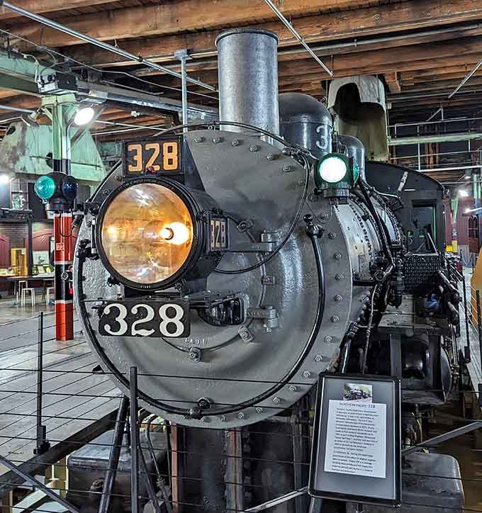 Locomotive 328 up close is the kind of face that makes you feel very small in the best possible way.