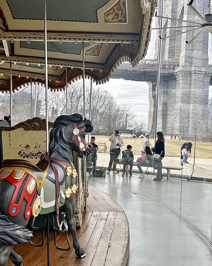 This dramatic black horse means serious business. Even at a carousel, Brooklyn keeps its cool.