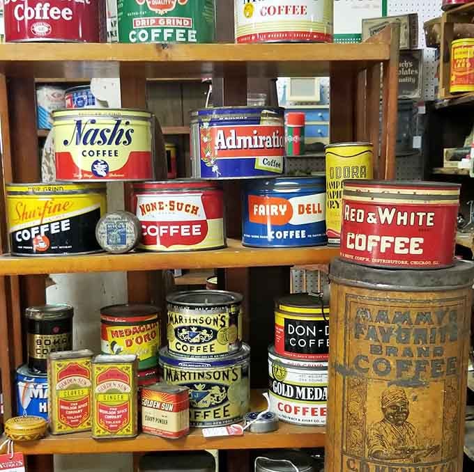 Vintage coffee tins showcase brands your grandparents loved, back when packaging was genuinely an art form itself.