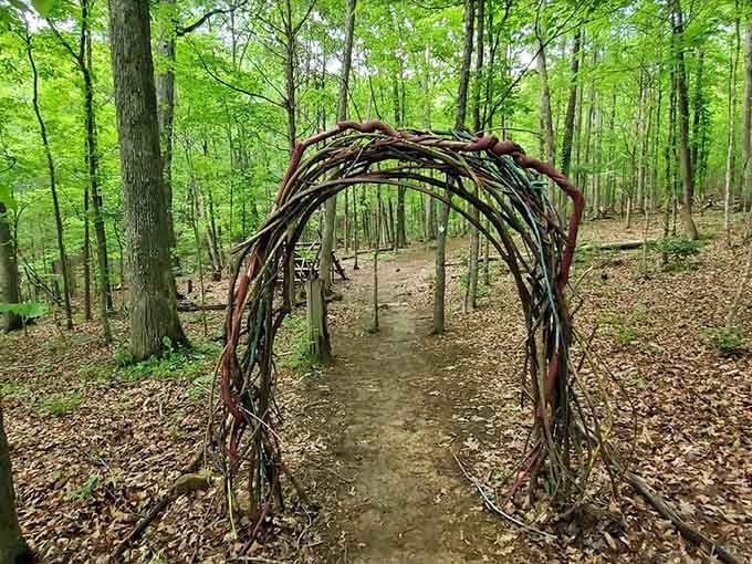 Rustic vine archway that looks like hobbits might live nearby, though the only residents are probably just squirrels.