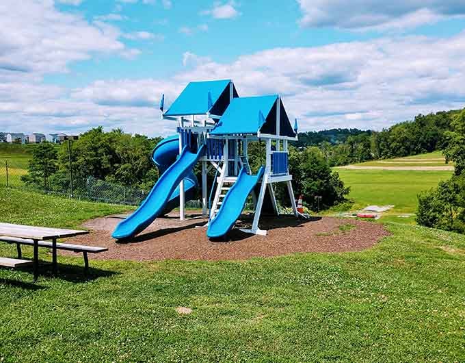 The bright blue playground sits proudly on the hill, making sure nobody gets left out of the fun.