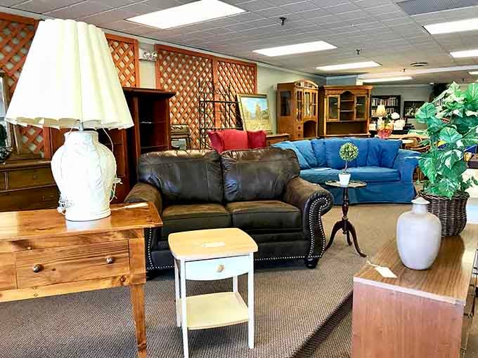 A leather sofa, a blue couch, and enough lamps to light a small village, your living room called and it's jealous.