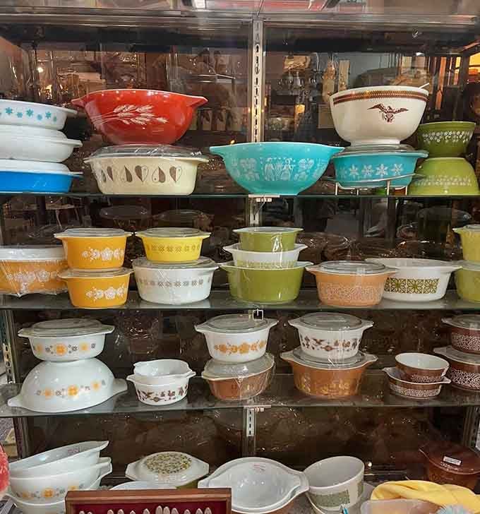 A Pyrex collector's dream right here. Those colors and patterns aren't making dishes, they're making memories.