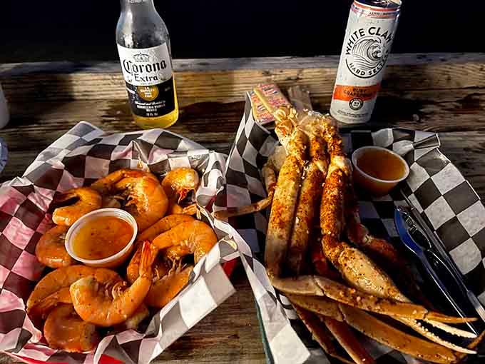 Gulf shrimp and snow crab legs side by side, this is the kind of seafood spread that makes you cancel your dinner plans elsewhere.