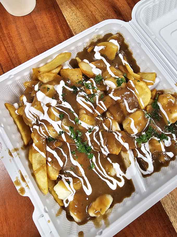 Flooded Fries drowning gloriously in gravy and cream. Fries never looked so happy about their situation.