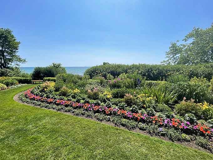 West of the Lake Gardens blooms with color against Lake Michigan's blue, nature's own masterpiece on display.