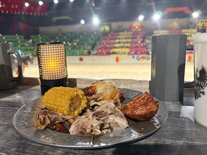 Roasted chicken, sweet buttered corn, and herb-basted potato, all on one glorious plate, all eaten by hand.