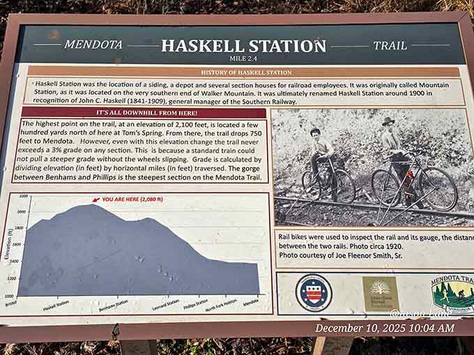 Mile 2.4 and already a history lesson. Haskell Station once served railroad workers. Now it serves curious walkers.