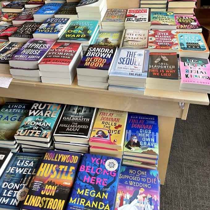 A table stacked with mysteries, thrillers, and page-turners that practically dare you to pick just one. Spoiler: you won't.