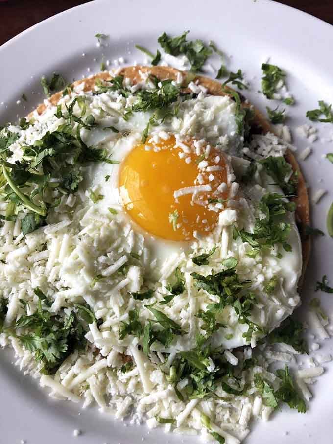 A perfectly fried egg sitting on a corn tortilla, buried under cotija and fresh cilantro. Brunch goals, achieved completely.