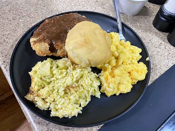 Veal cutlet, rice, mac and cheese, and a roll. Simple, honest, and absolutely guaranteed to make your afternoon better.
