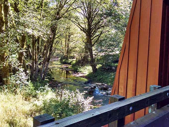 Peek over the side and you'll find the river that gives this bridge its purpose.