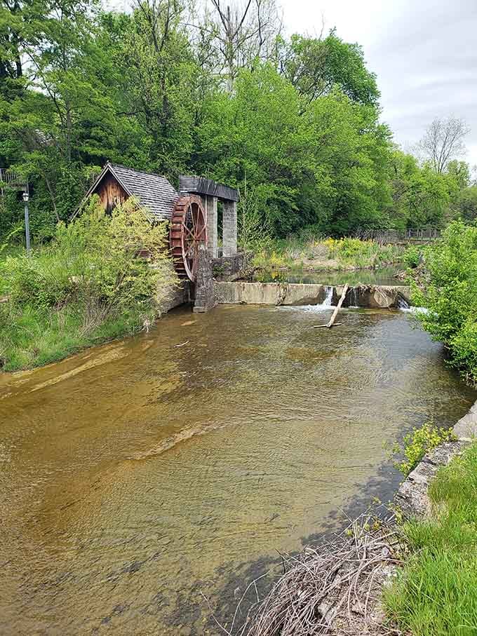 The waterwheel beside its millhouse stream. Peaceful, purposeful, and honestly more satisfying than anything on your phone.
