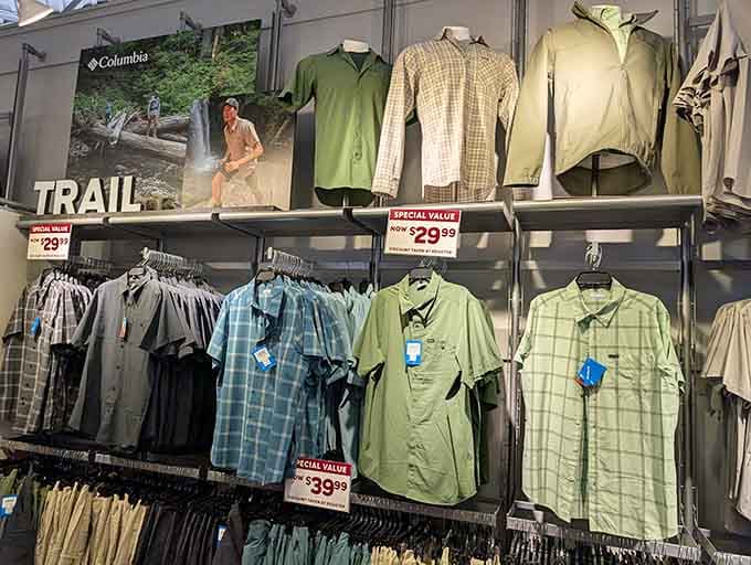 Columbia's trail shirts hanging in a row, ready for whatever Colorado throws at you this weekend.
