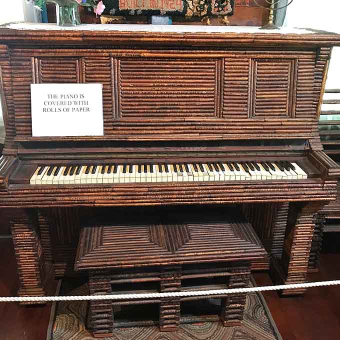 An upright piano covered entirely in rolls of paper. It won't play Beethoven, but it'll absolutely stop you in your tracks.