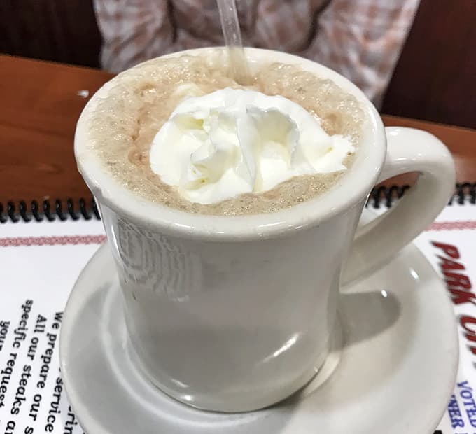 A steaming mug of hot chocolate crowned with whipped cream, this is what comfort looks like in ceramic form.