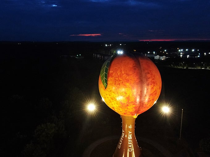 When the sun sets and the lights come on, this fruity landmark glows like a harvest moon over Gaffney.