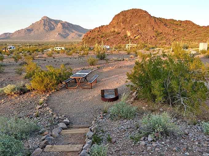 A picnic table, a fire ring, and one of Arizona's most dramatic backdrops. Somebody planned this well.