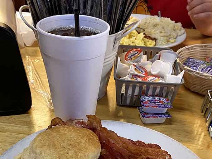 The little basket of creamers and jelly packets on the table tells you everything, this place is all about the simple, honest details.