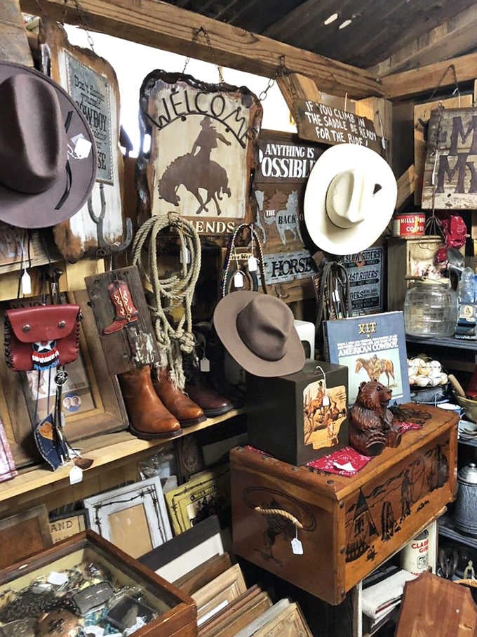 Cowboy hats, leather boots, lasso rope, and "Welcome" signs that together tell the whole story of the American West.