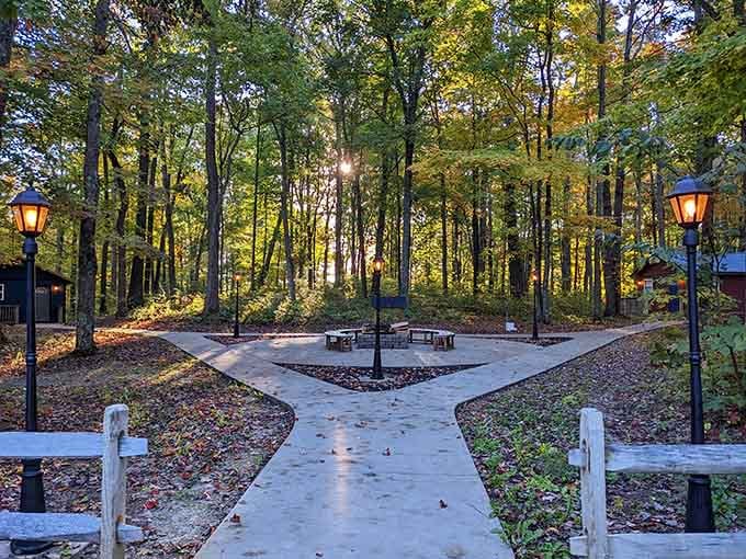 Evening strolls through lamp-lit grounds where the forest meets fairy tale in perfect Ohio harmony.