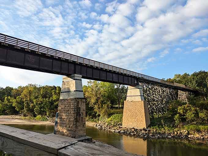 The trestle work underneath is like industrial art, all angles and purpose meeting perfectly.