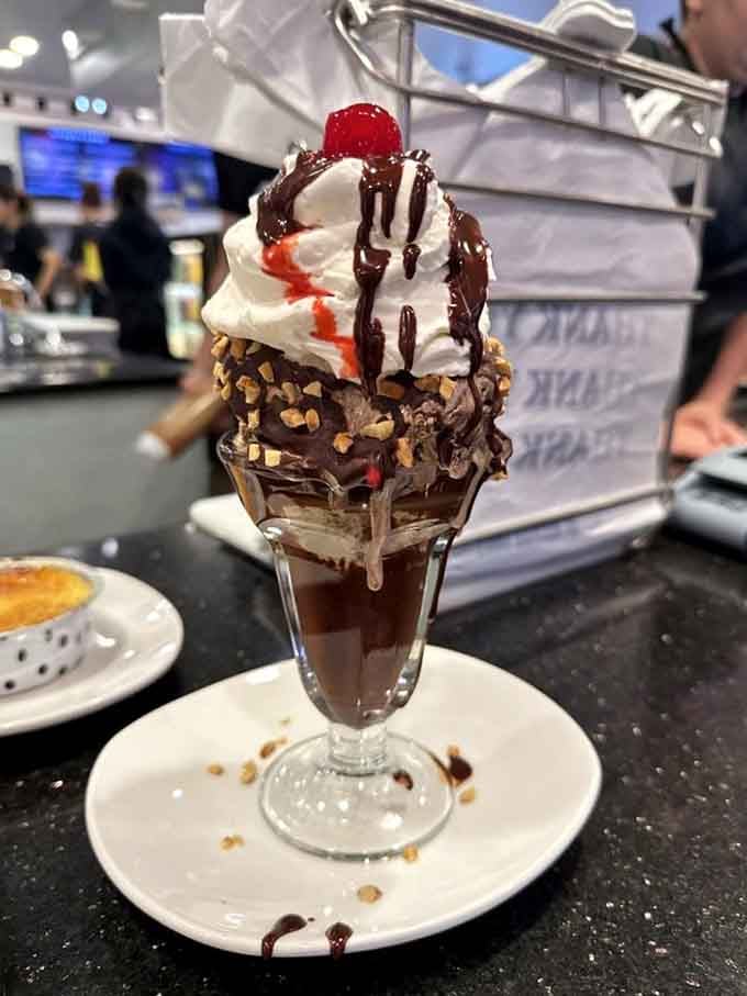 Hot fudge, whipped cream, chopped nuts, and a cherry on top, this sundae is pure, unapologetic theater.