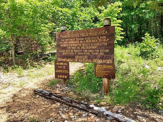 The Roaring River Hills Wild Area sign says it all. This land has been protected, and it shows beautifully.