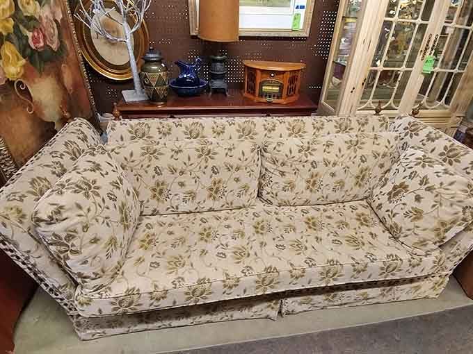 This floral-patterned sofa screams 1980s comfort and could anchor your entire living room makeover.