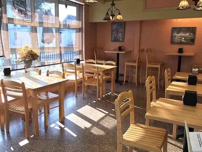 The cafe's simple wooden tables and chairs invite you to sit, savor, and pretend you're dining abroad.