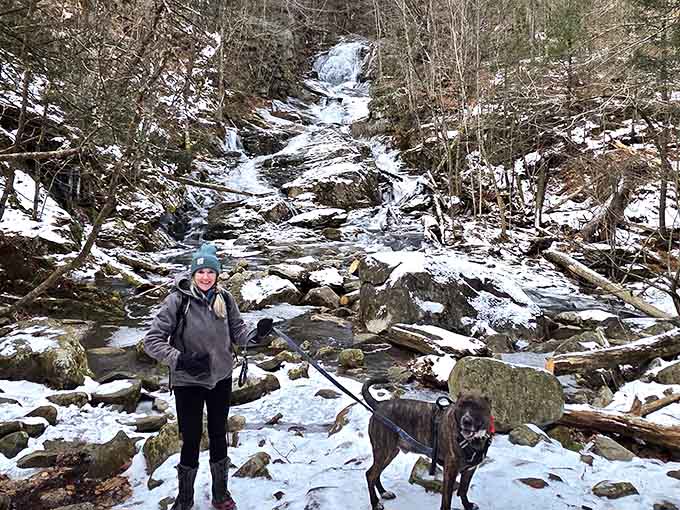 Even in winter, Sanderson Brook Falls puts on a show. The cold just adds a dramatic flair.