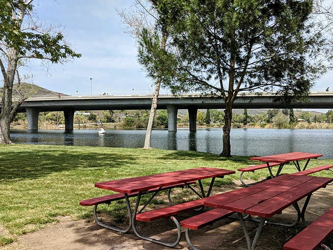 Classic red picnic tables under shady trees remind us that some traditions never go out of style, thankfully.