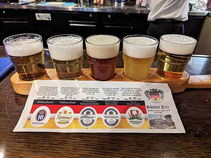 Five German beers lined up like a very delicious homework assignment. Hofbr&auml;u, Weihenstephan, Spaten, and friends, all waiting patiently for you.