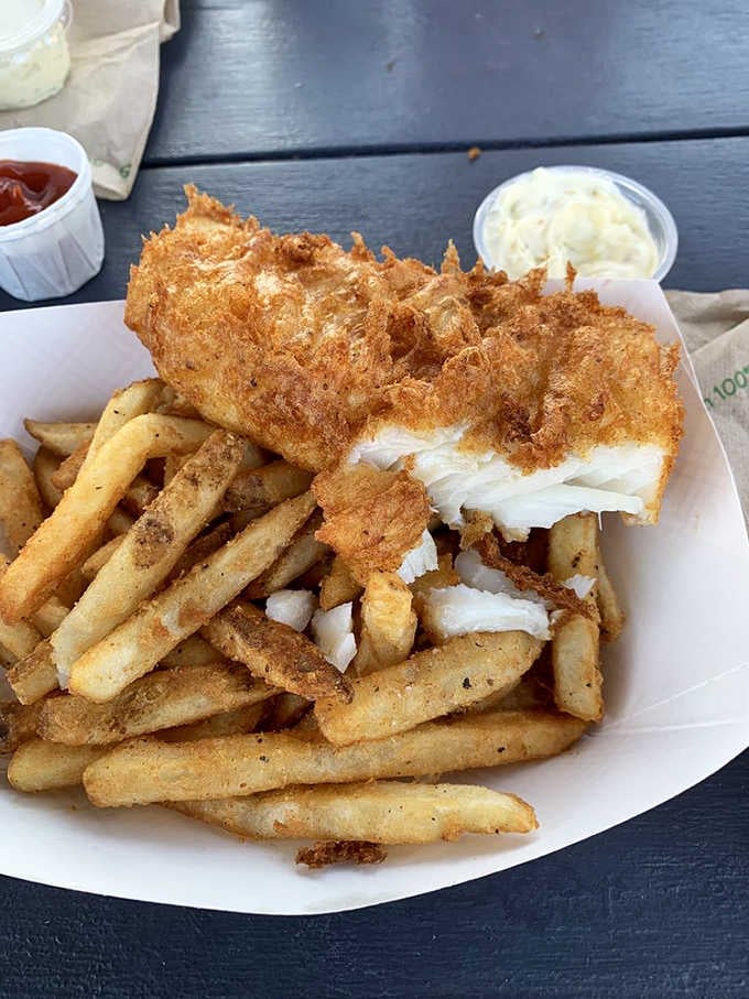 That crackling golden crust hiding flaky white fish underneath is basically a love letter to New England.