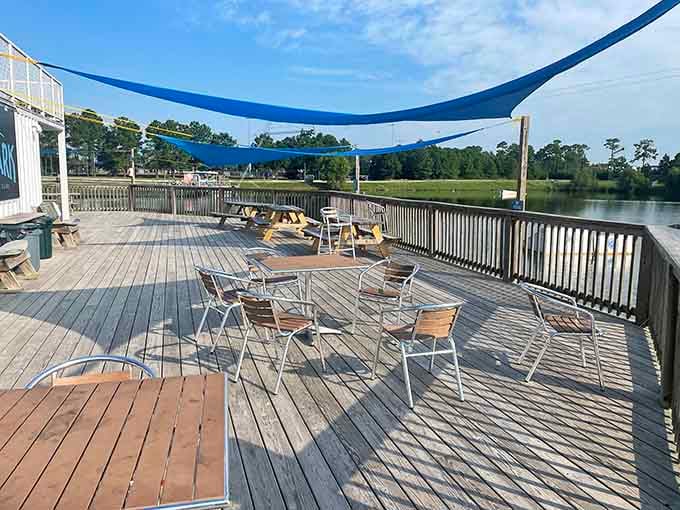 Shaded deck seating offers prime viewing real estate for watching friends and family test their balance and dignity.