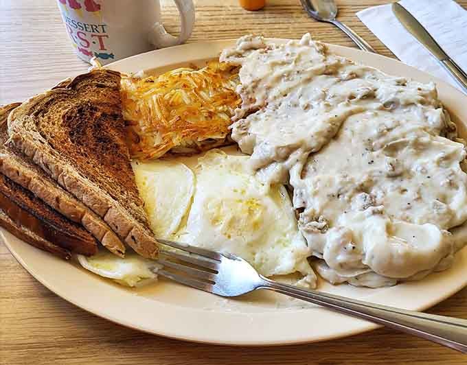 Salisbury steak meeting breakfast eggs is the kind of culinary genius that makes mornings worth celebrating daily.