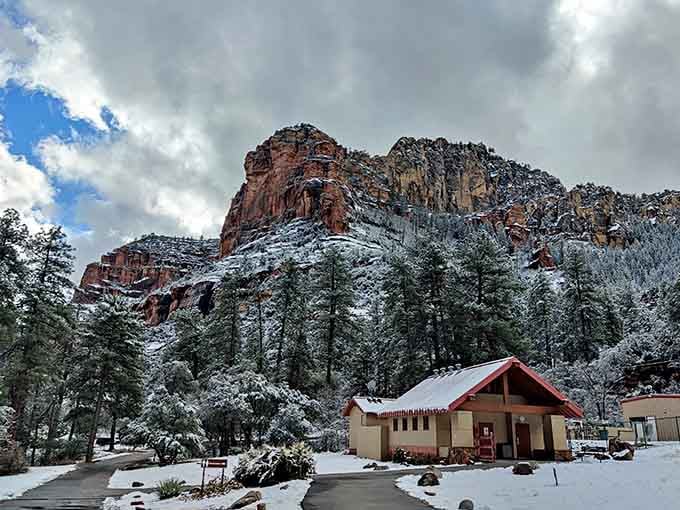 Snow on red rocks in Arizona, a combination so unexpected and beautiful it feels like a happy accident.