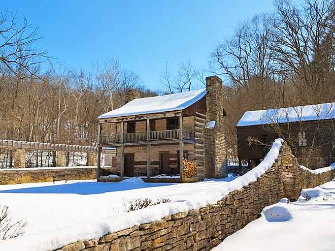 Snow blankets the pioneer village log cabin, turning an already beautiful place into something almost unfairly picturesque.