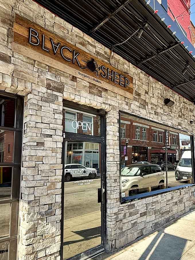 Black Sheep Burgers on Commercial Street, where the stone facade hints at the serious burger business happening inside.